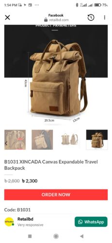 B1031 XINCADA Canvas Expandable Travel Backpack - RetailBD